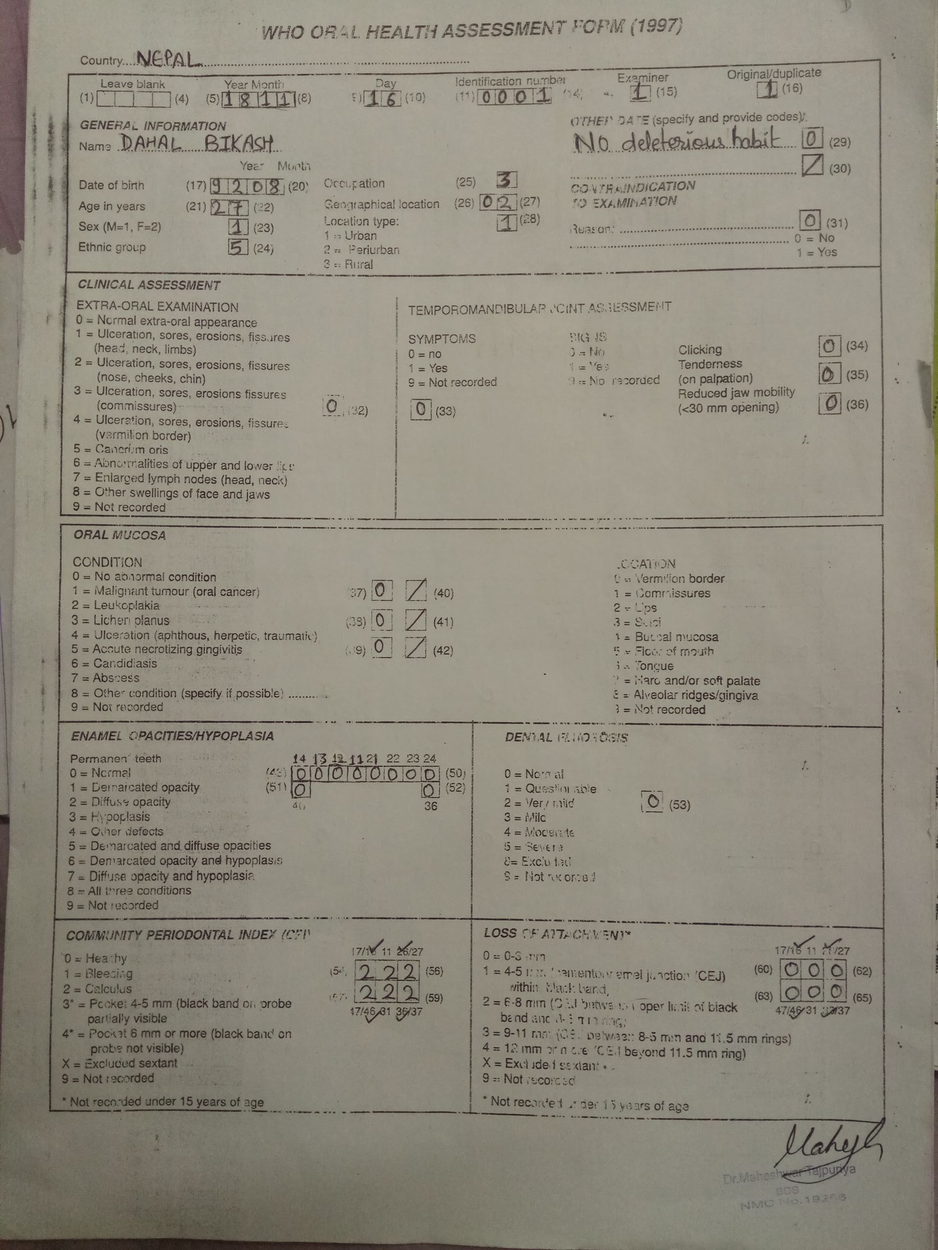 Dentosphere : World of Dentistry: WHO Oral Health Assessment Form ...