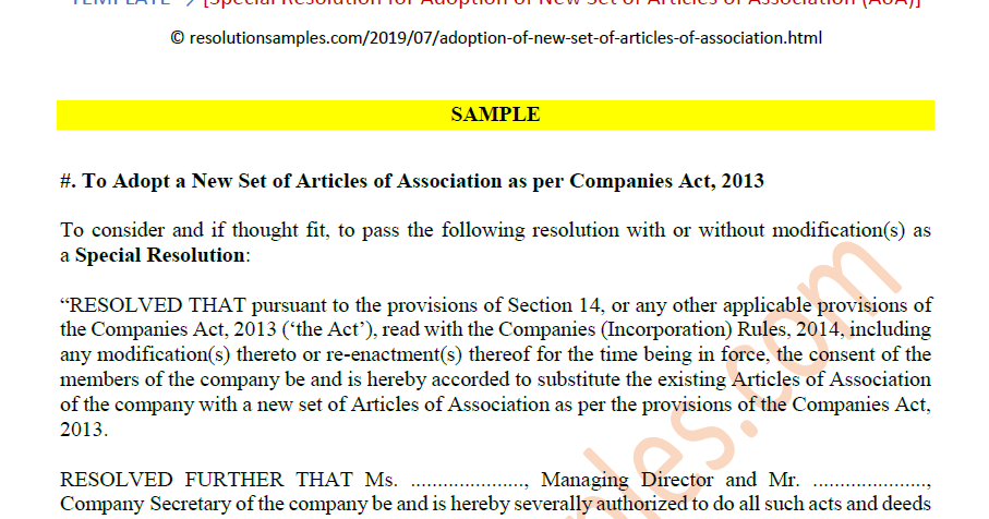 Special Resolution adoption of new set of Articles of Association