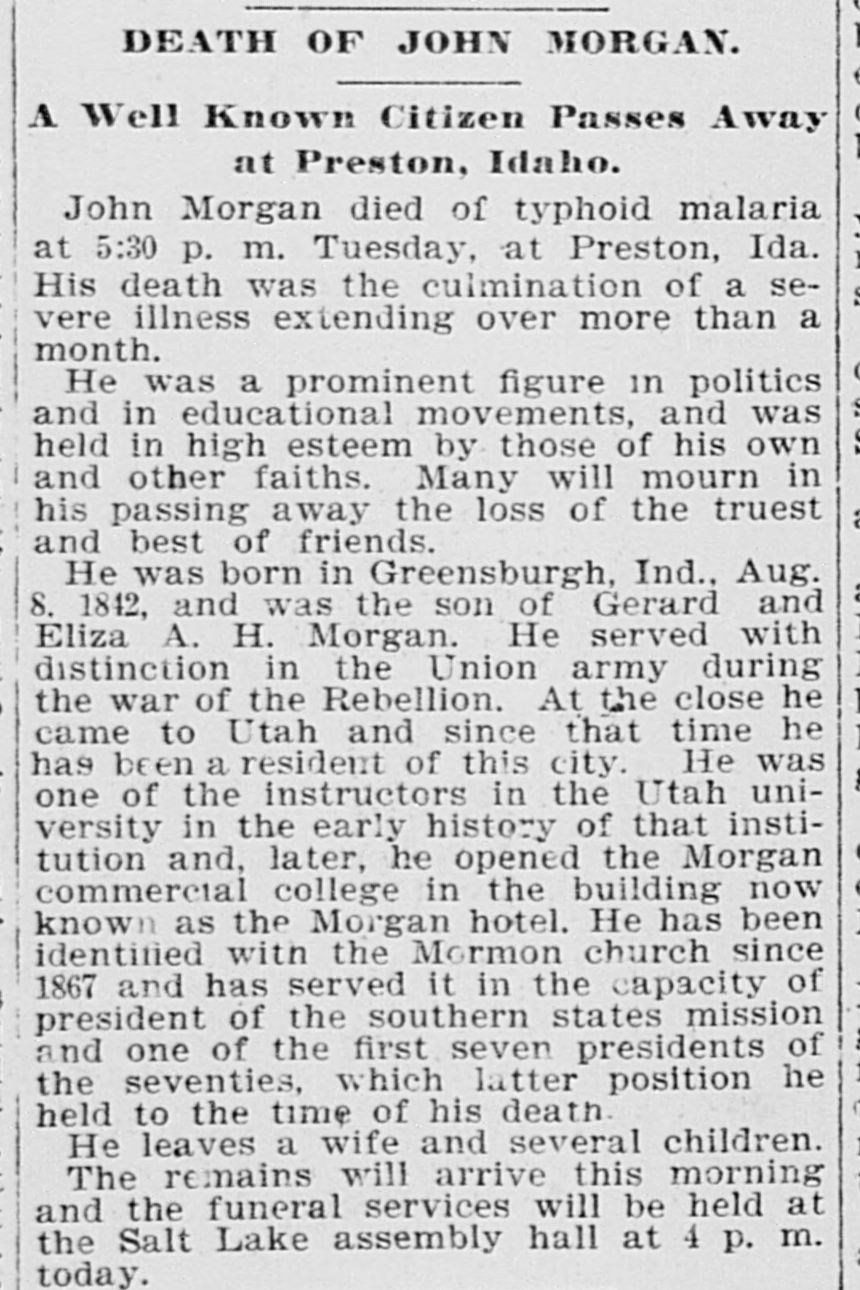 TheAncestorFiles: John Morgan's Death as Mentioned in the Salt Lake Herald