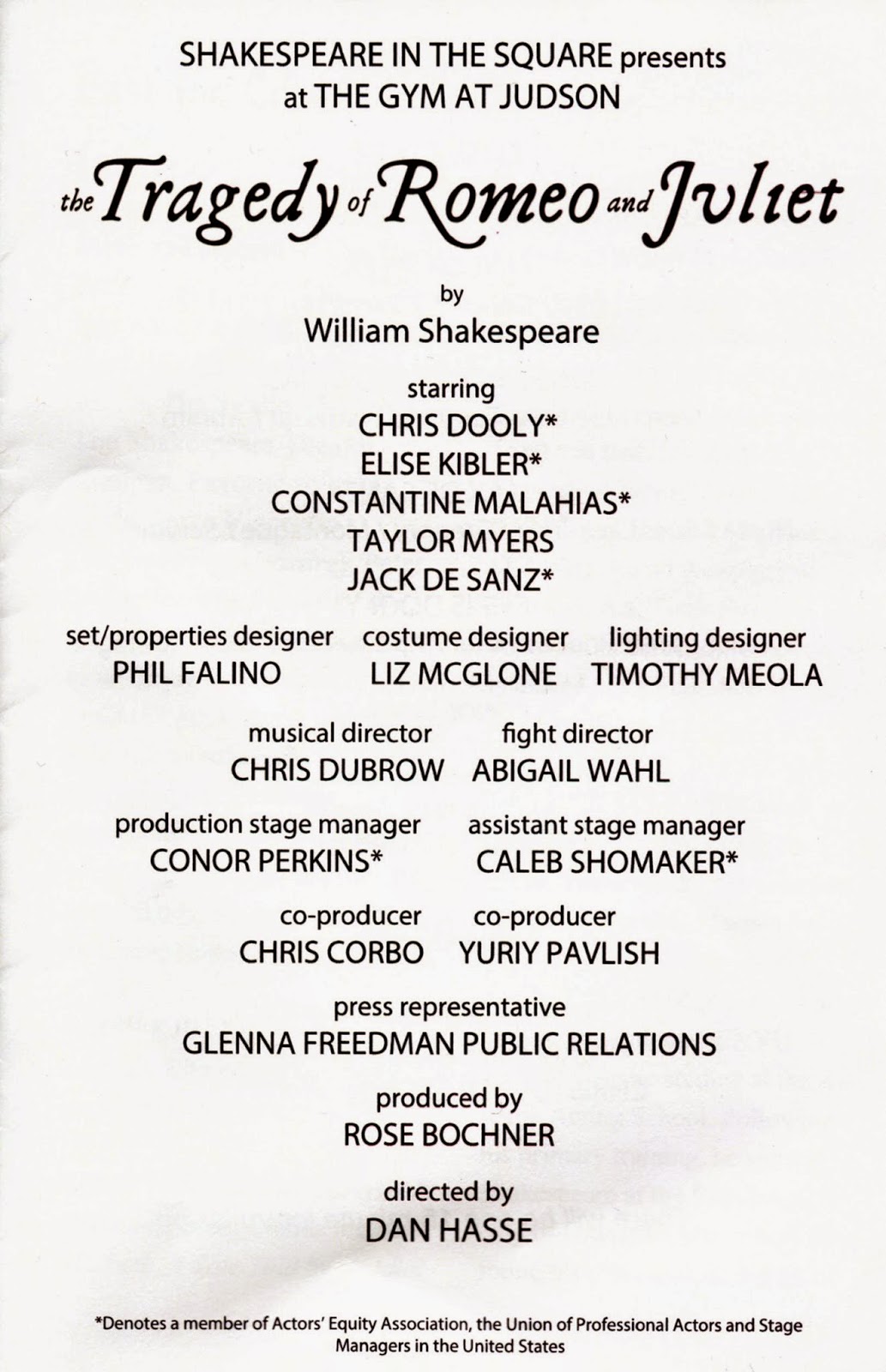 THEATRE'S LEITER SIDE: 138. Review of THE TRAGEDY OF ROMEO AND JULIET ...