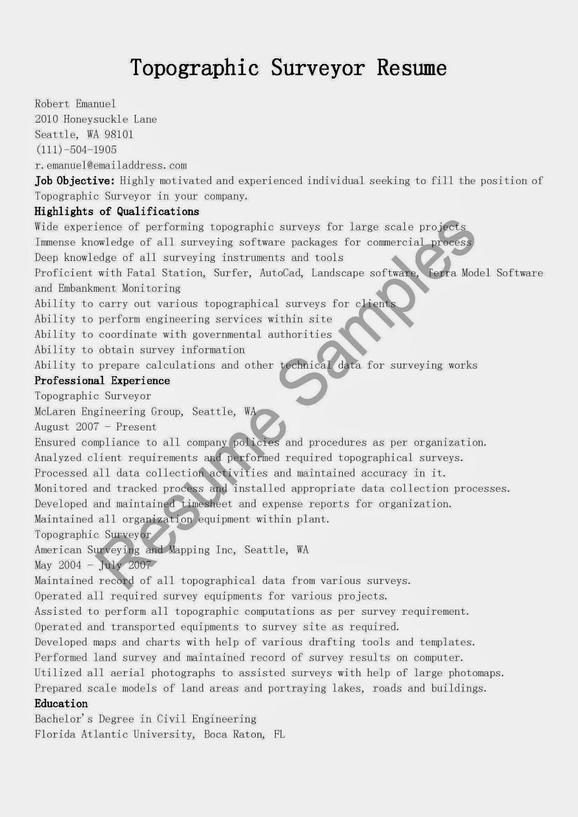 Resume Samples: Topographic Surveyor Resume Sample