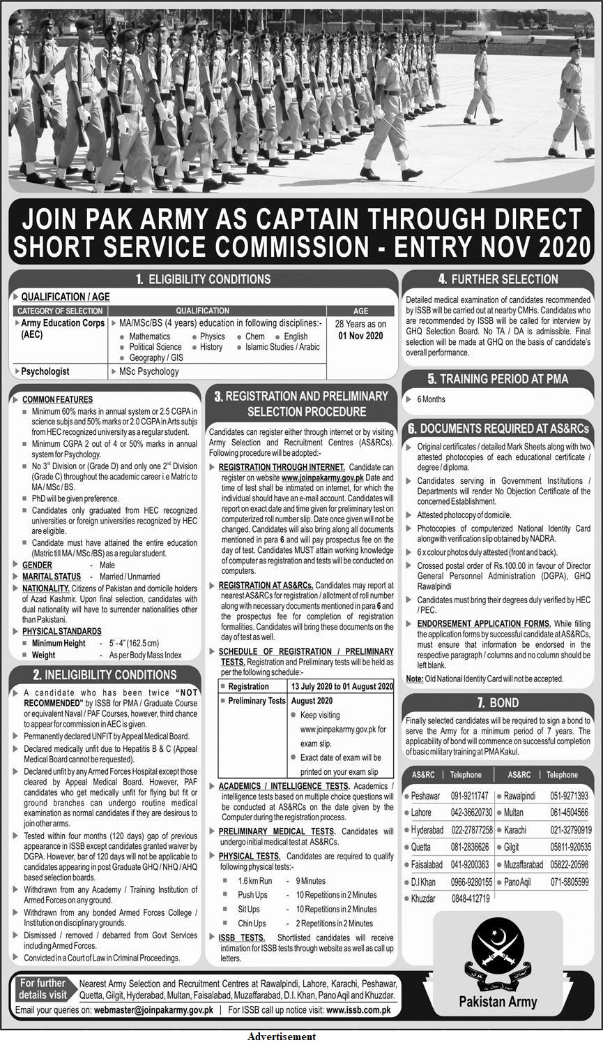 Join Pak Army as Captain-Nov 2020