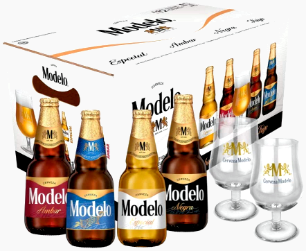 Cerveza Modelo pack mixto, 24 pack de cerveza + 2 copas originales