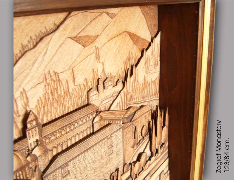 Wooden pyrography by Ivaylo Hristov: Pyrography picture - Zograf Monastery