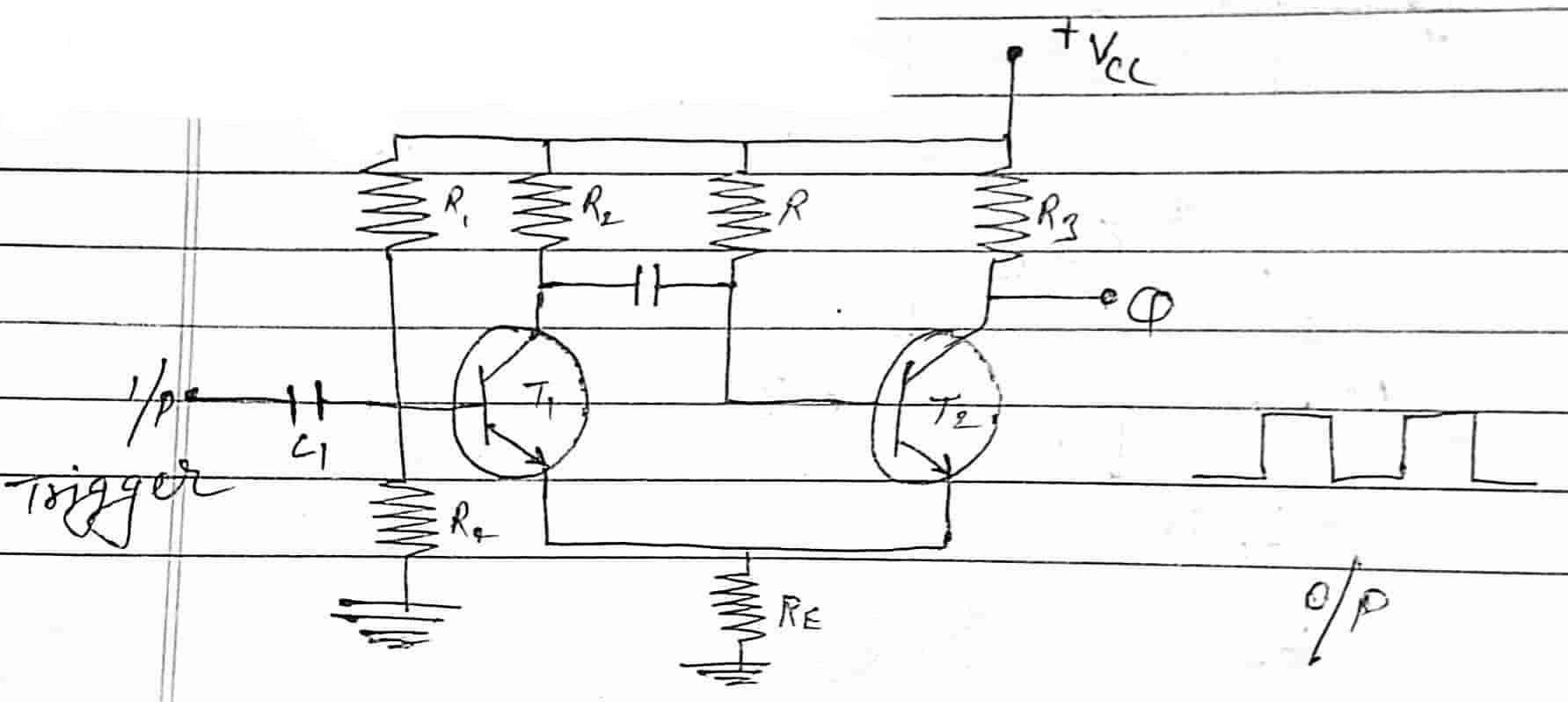 Monostable multivibrator using transistor , Op-amp, logic GATE