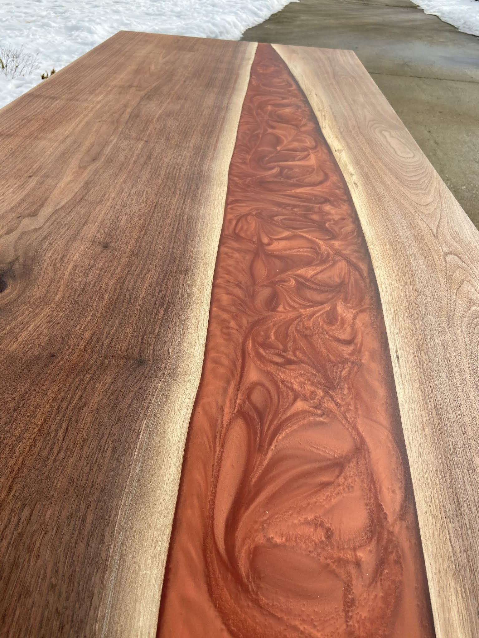 Copper Epoxy Resin and Live Edge Walnut Wood Desk