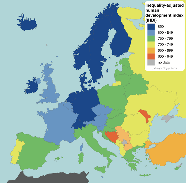 Prismaps - Maps of Europe: Inequality-adjusted HDI 2017