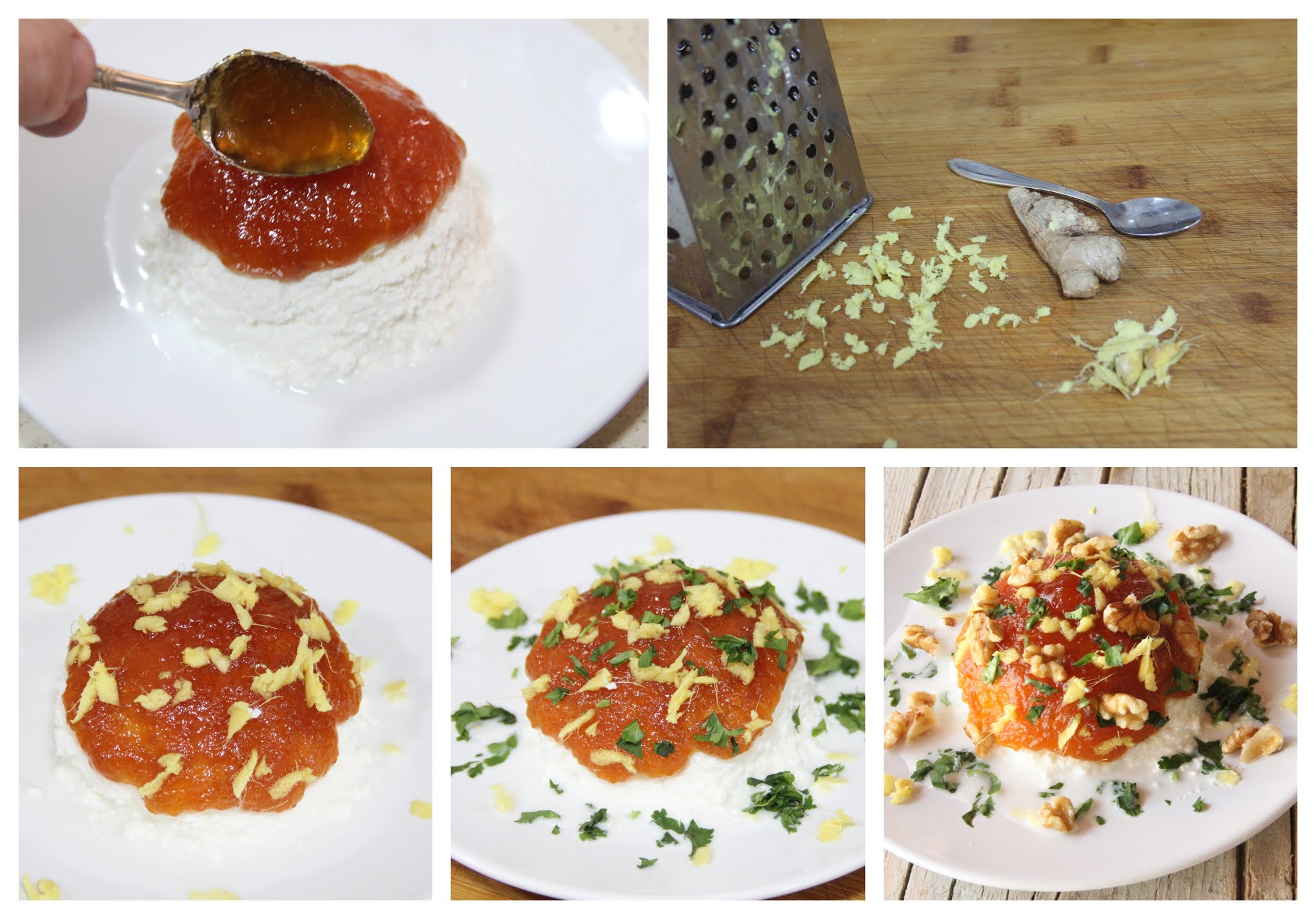 Dip de requesón con mermelada de tomate, jengibre, nueces y cilantro