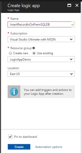 Inserting data in On Premises SQL Database using Logic Apps