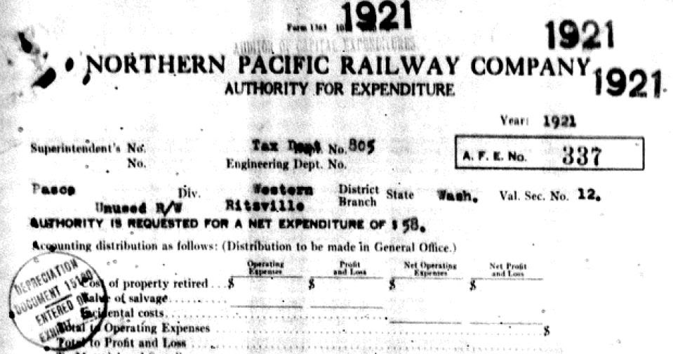 Big Bend Railroad History: 1921 NP AFE Schrag ROW Assessment