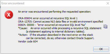 Error : ORA-00600: internal error code, arguments: [1350], [1], [23