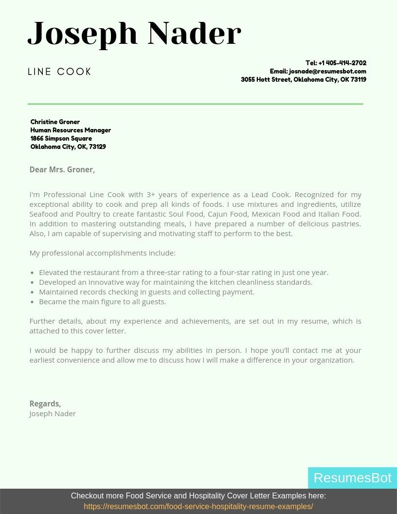 Cook Cover Letter ~ Resume Letter