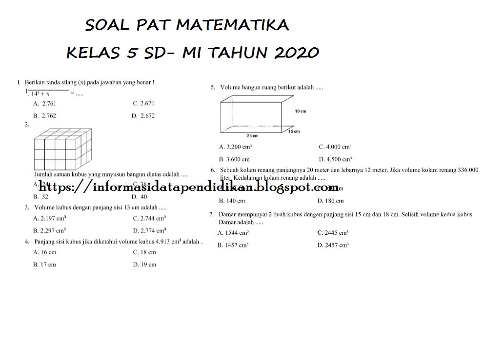 Soal dan Jawaban PAT Matematika Kelas 5 Semester 2 Tahun 2020 - Informasi Data Pendidikan