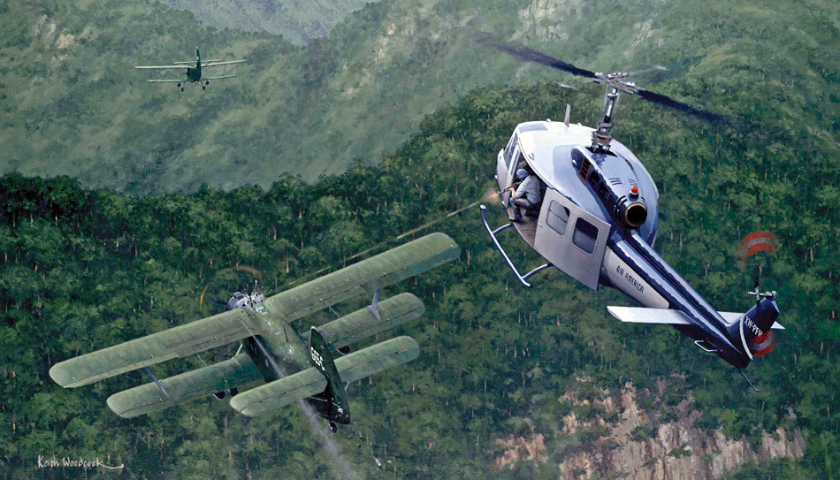 SNAFU!: CIA aerial combat. Helicopter vs Bi-plane warfare.