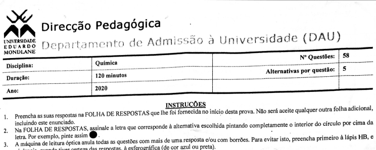 RESOLUÇÃO DO EXAME DE ADMISSÃO À UEM – 2020 - QUÍMICA