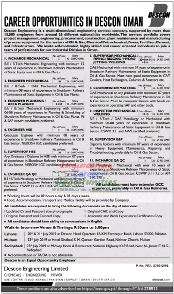Descon Engineering Job Opportunities Latest July 2019 - Engineering ...