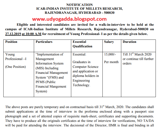 UDYOG ADDA: walk-in-interview at the ICAR-Indian Institute of Millets Research, Rajendranagar ...