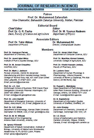 Journal of Research (Science) | SCIENCE Pakistan