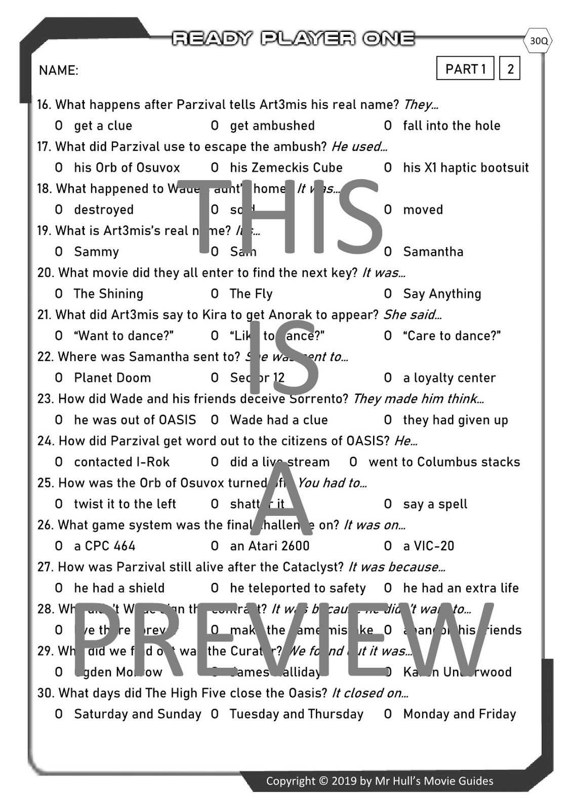 Ready Player One Movie Guide + Activities - Answer Keys Included ...