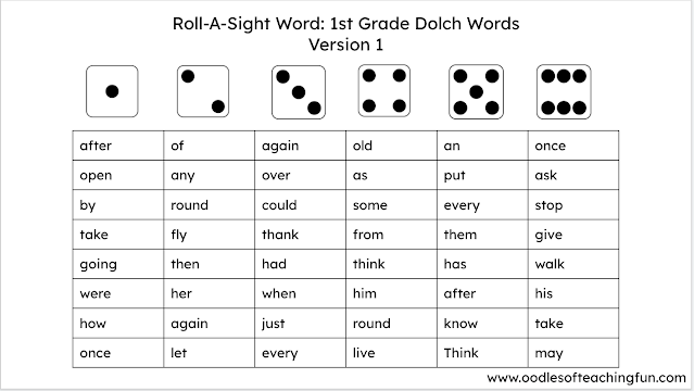 Roll-A-Sight Word: 1st Grade Dolch Words (Free) - Oodles of Teaching Fun