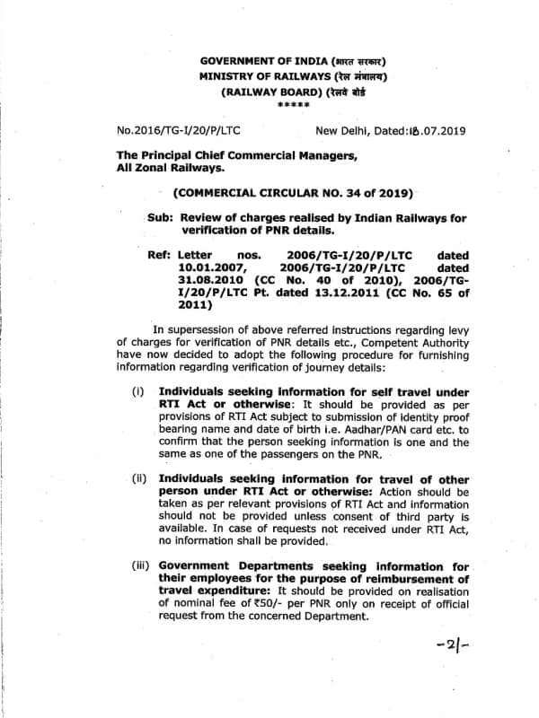 Review of charges realised by Indian Railways for verification of PNR details: Commercial ...