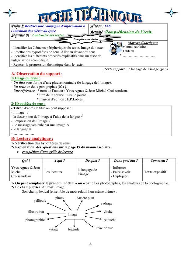 fiches pédagogiques français projet 1 1as PDF