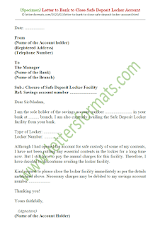 Letter to Bank to Close Safe Deposit Box Facility Locker Account