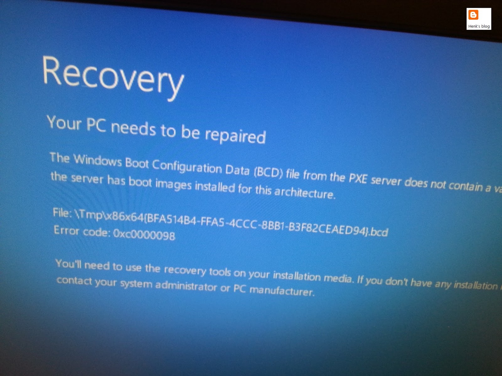 Henk S Blog The Windows Boot Configuration Data File Does Not Contain A Valid Os Entry