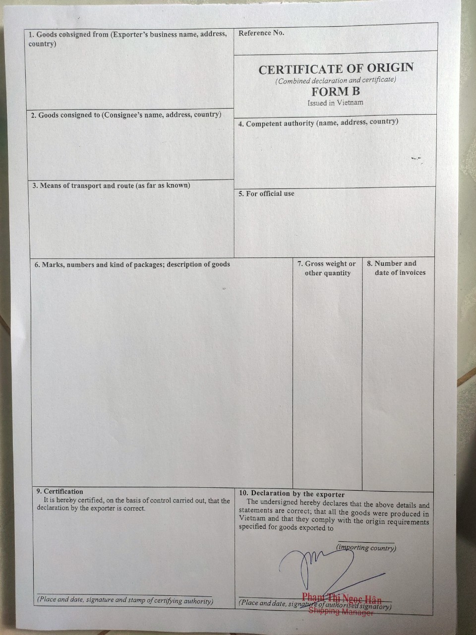 Mẫu CO form A và CO form B - Toan Logistics