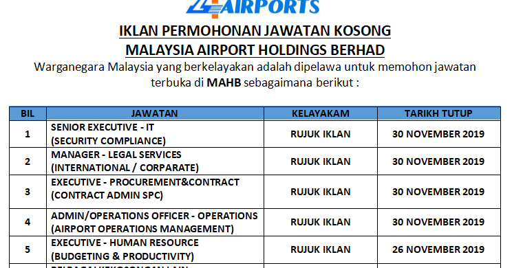 Permohonan Pelbagai Jawatan Kosong di Malaysia Airport Holdings Berhad (MAHB) November 2019