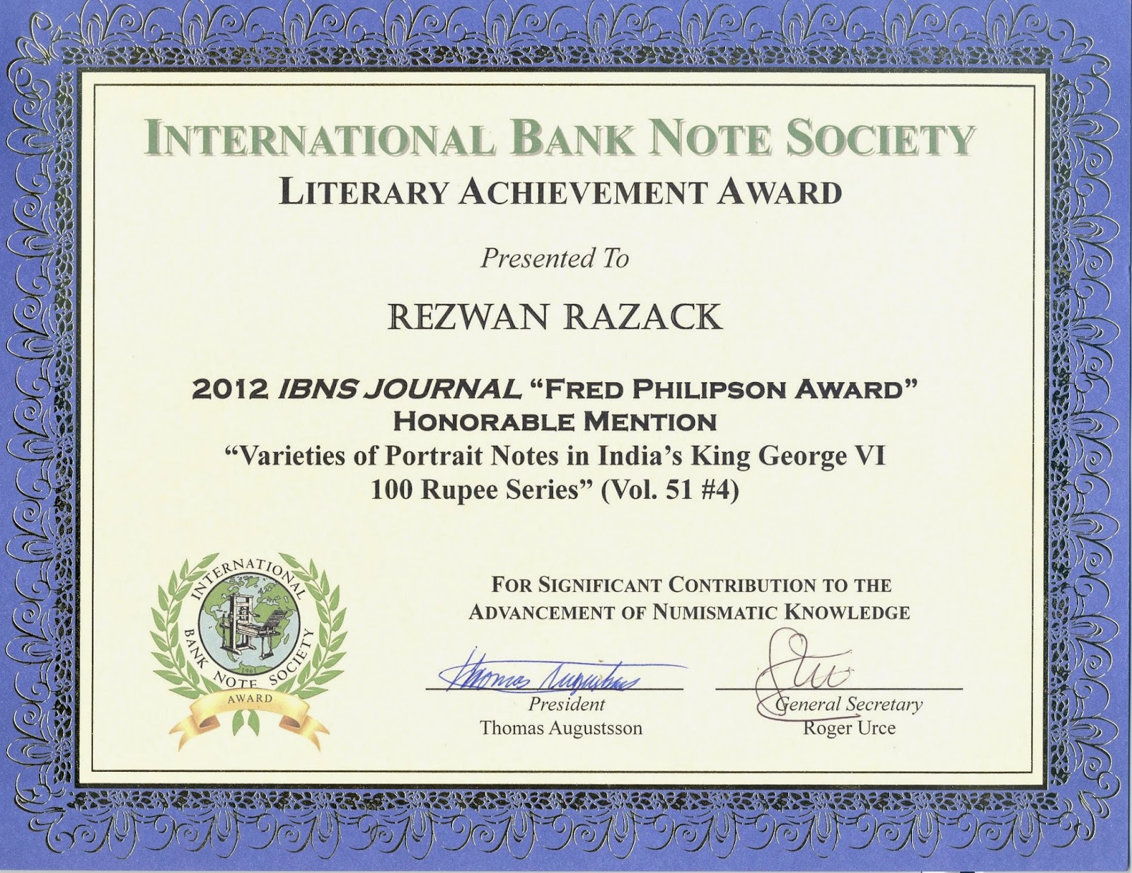 Indian Banknote: Literary Achievement Award from International Bank ...