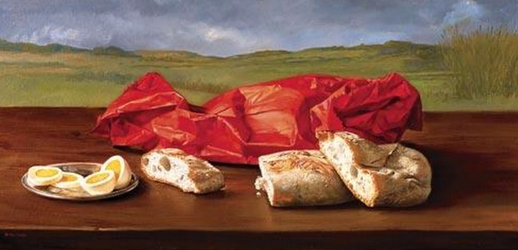 Historia y evolución de la pintura artística : BODEGÓN AL OLEO CON PAISAJE