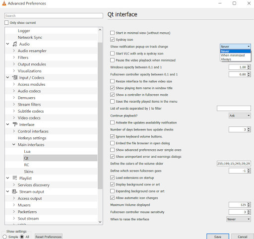 How to disable VLC Media Player Flashing Pop-Up track notification on Taskbar