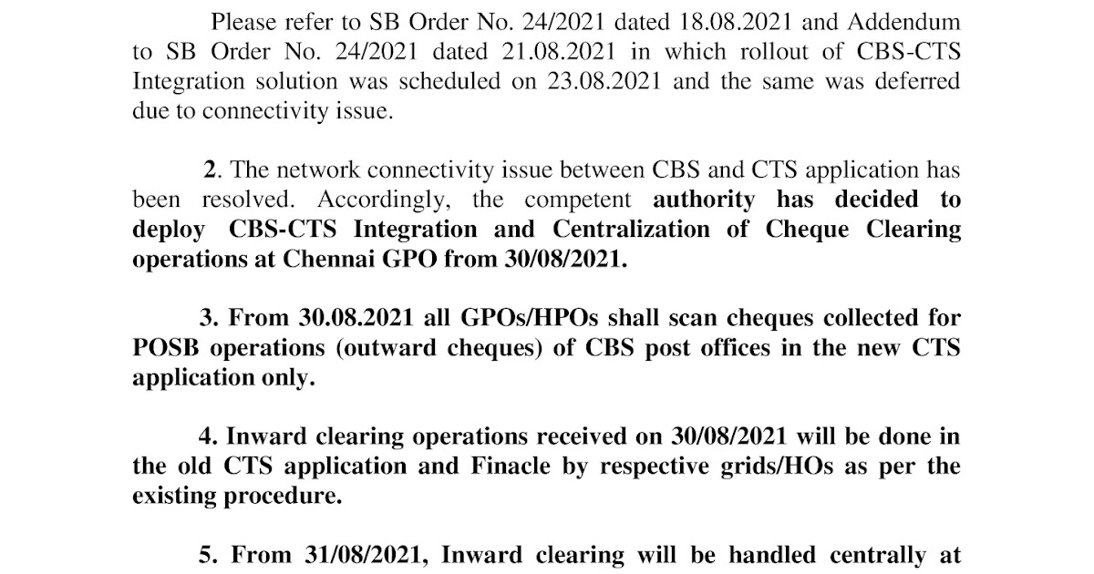 Implementation of the CBS-CTS Integration and Centralized Cheque clearing solution from 30.08. ...
