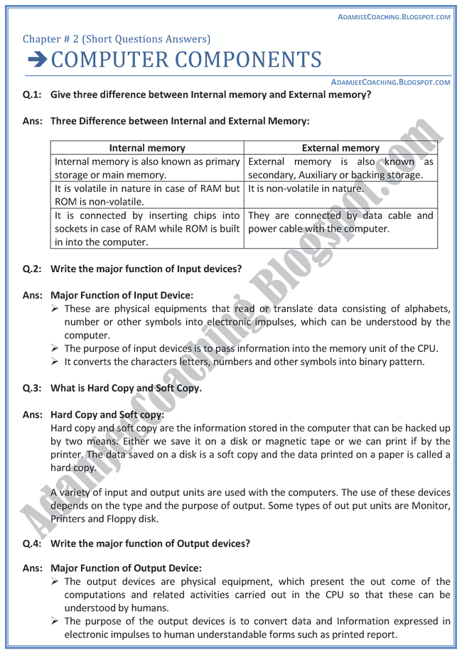 Adamjee Coaching Computer Components Short Question Answers Computer Ix