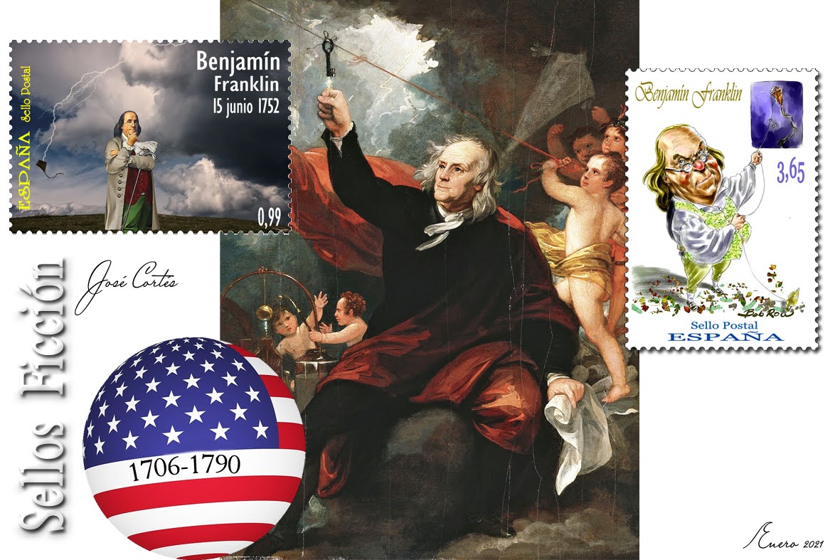 SELLOS FICCIÓN: Benjamin Franklin y el pararrayos.