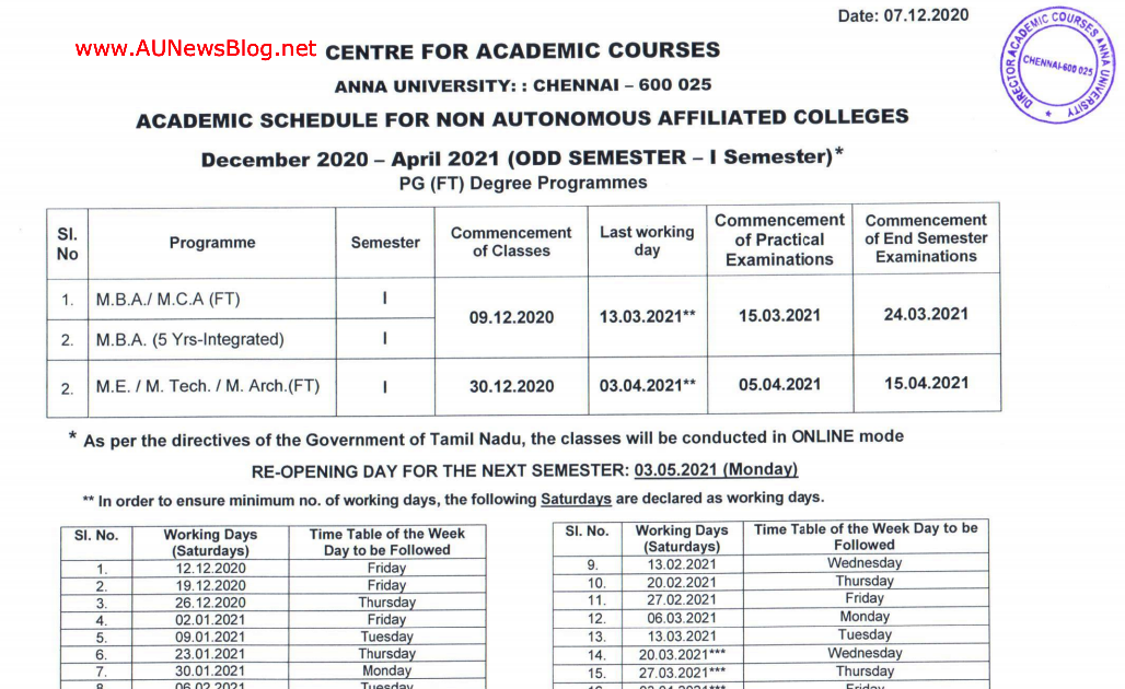 Anna University PG 1st Semester Academic Schedule published Dec 2020 to ...