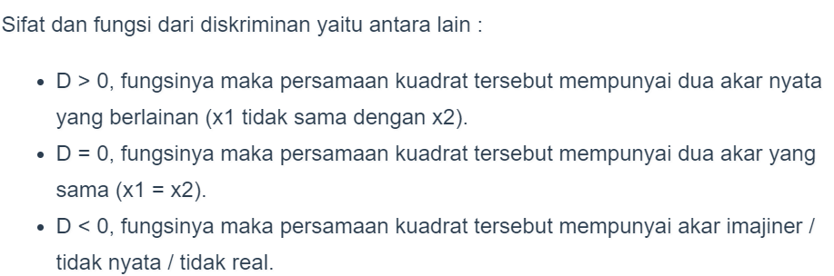 `: Diskriminan ( Persamaan Kuadrat)
