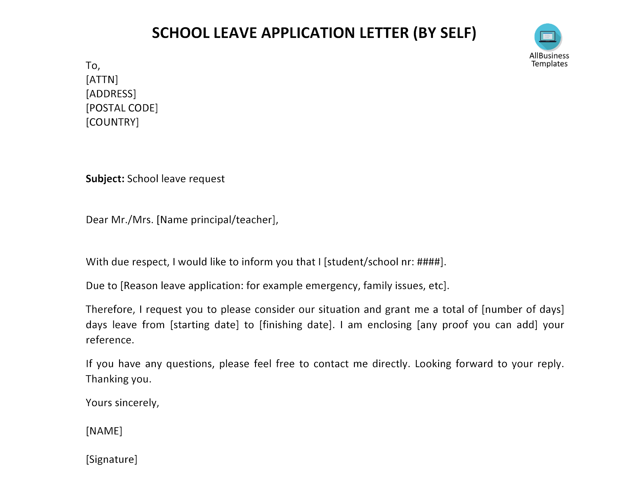 Leave Letter Format For School - Formal Letter