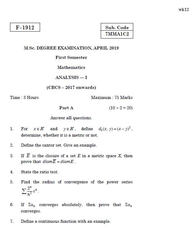 Alagappa University M.Sc. Mathematics ANALYSIS — I APRIL 2019 Question ...