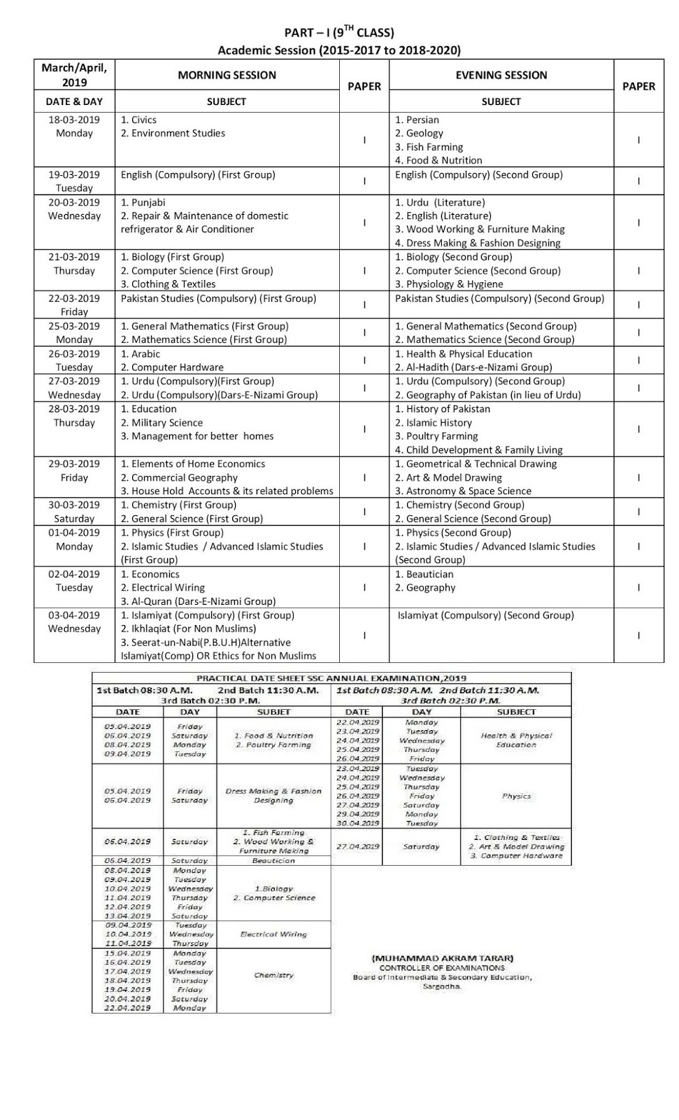Date Sheet 2020 9th And 10th Class Matric Sargodha Board date-sheet-2020-9th-and-10th-class-matric-sargodha-board