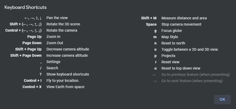 Google earth keyboard shortcut keys