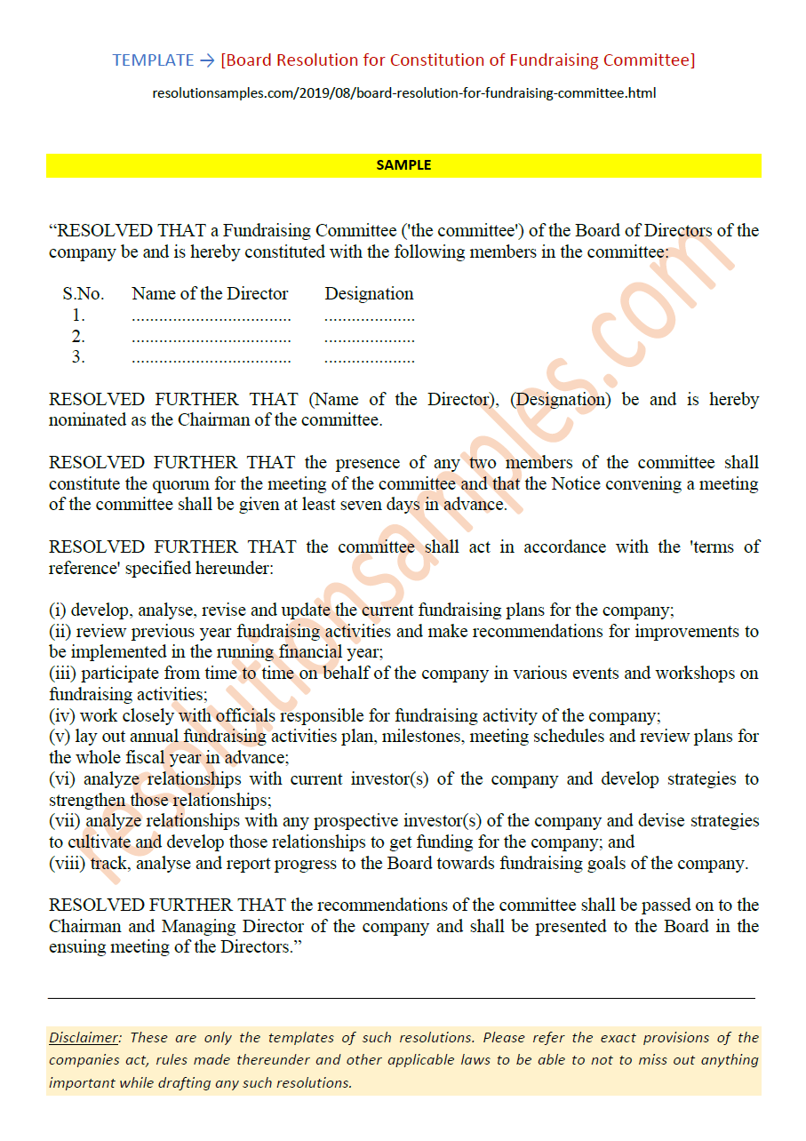 Draft Board Resolution for constitution of Fundraising Committee