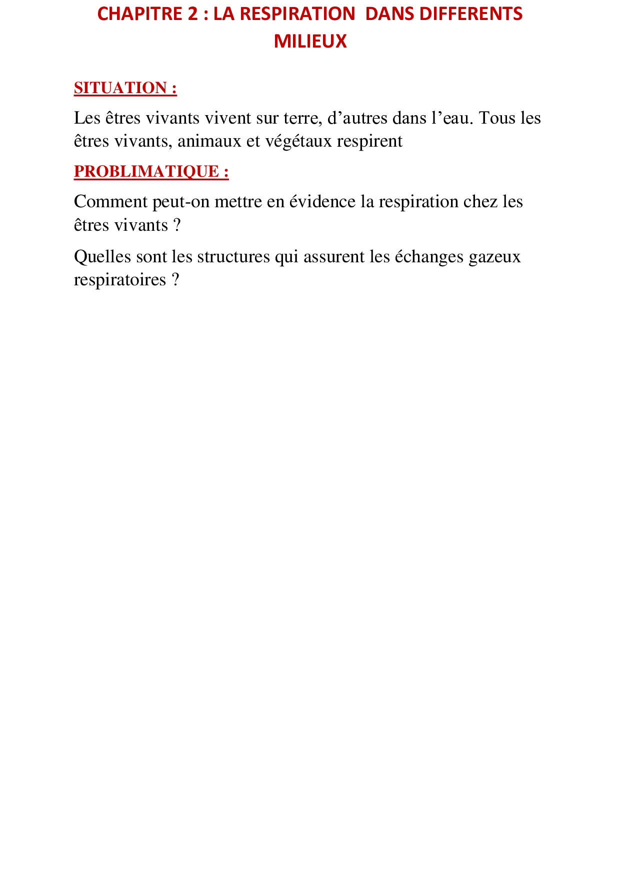 La respiration dans différents milieux - Fiche pédagogique pour 1AC