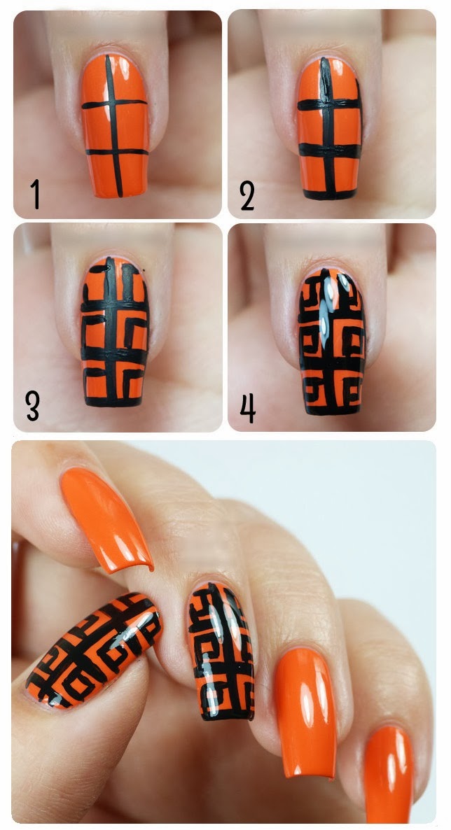fashion on run: Orange and Black Patterned Nail Tutorial
