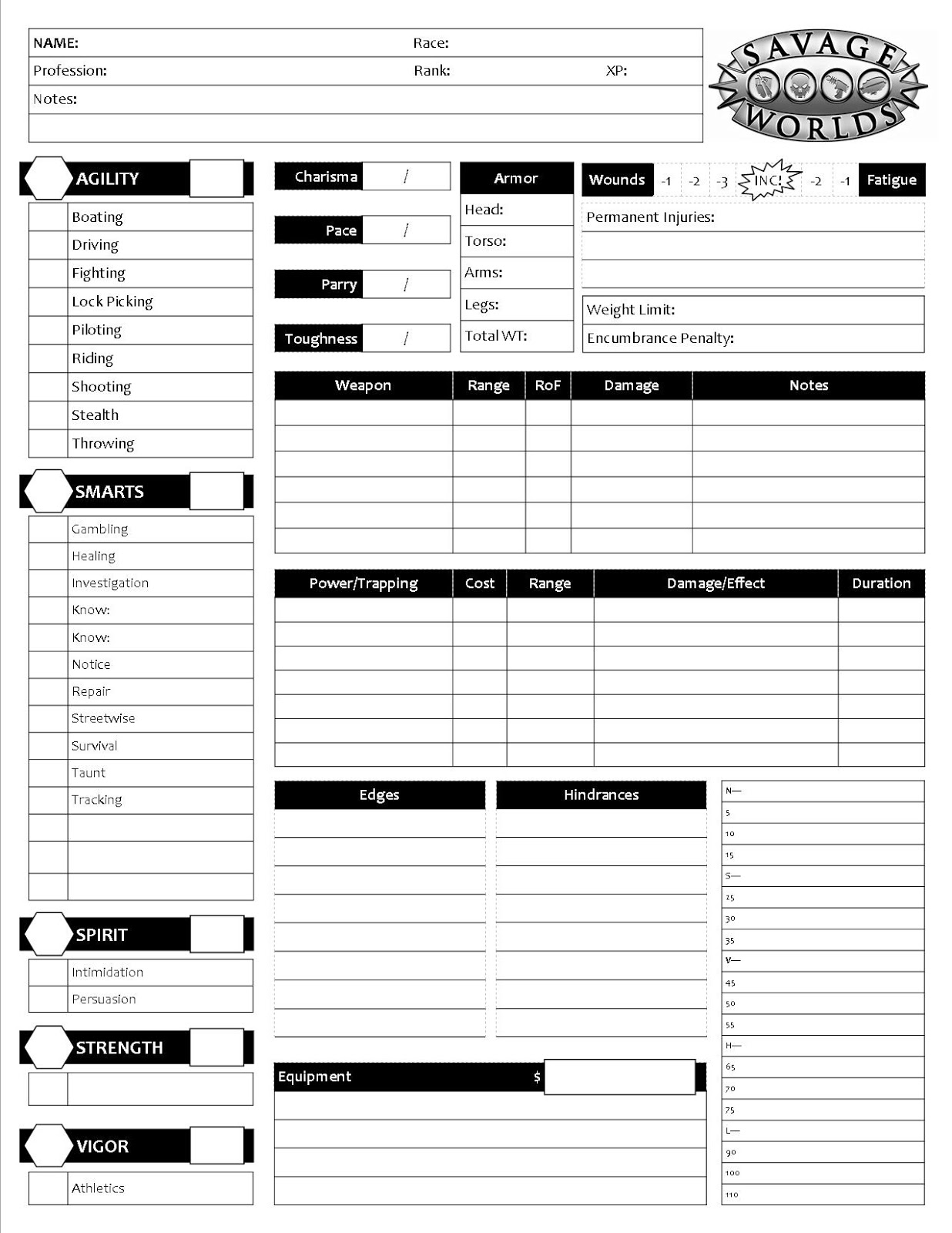 Graphite Prime: Savage Worlds Character Sheets
