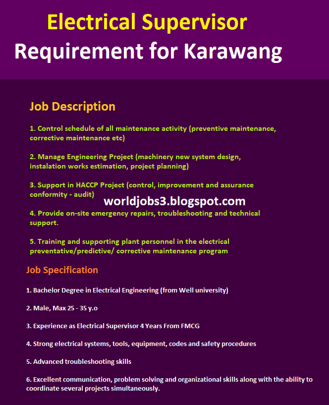 Electrical Supervisor Requirement for Karawang - World Jobs 3
