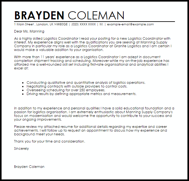 Sample Logistics Cover Letter ~ Resume Letter