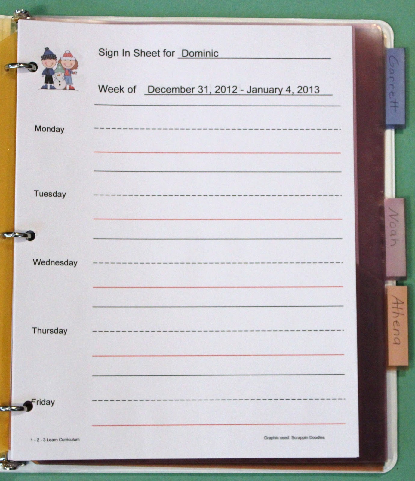 1 - 2 - 3 Learn Curriculum: Children Daily Sign In Sheets