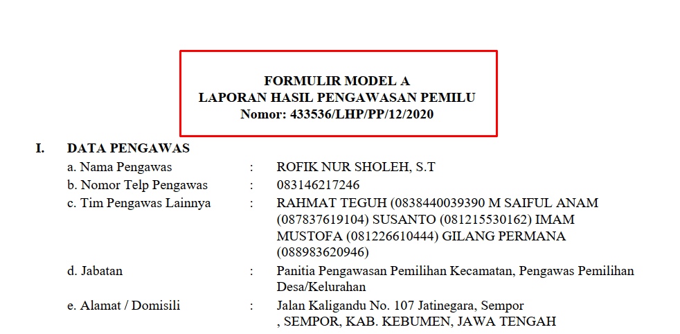 Contoh Form A Laporan Hasil Pengawasan Kampanye
